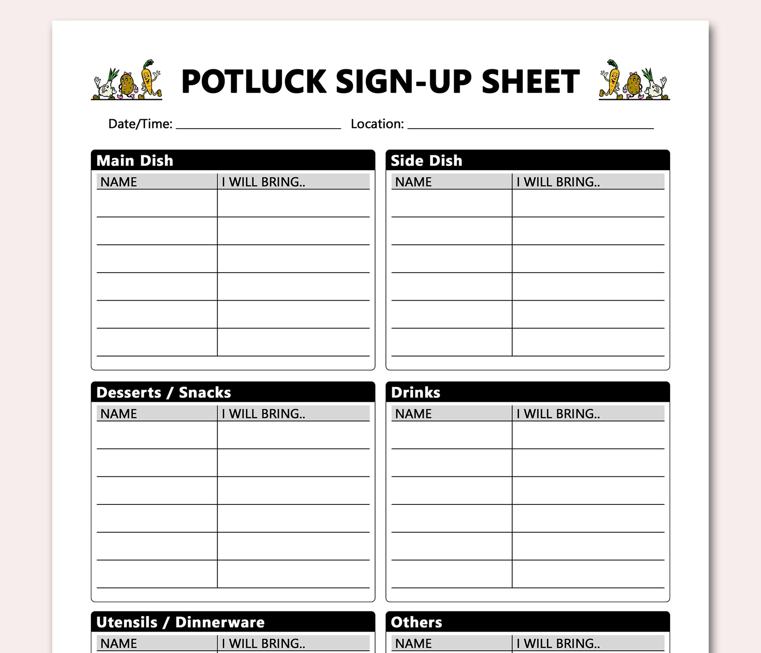 POTLUCK Sign up Sheet Printable PDF, Bring and Share, Potluck Dinner ...