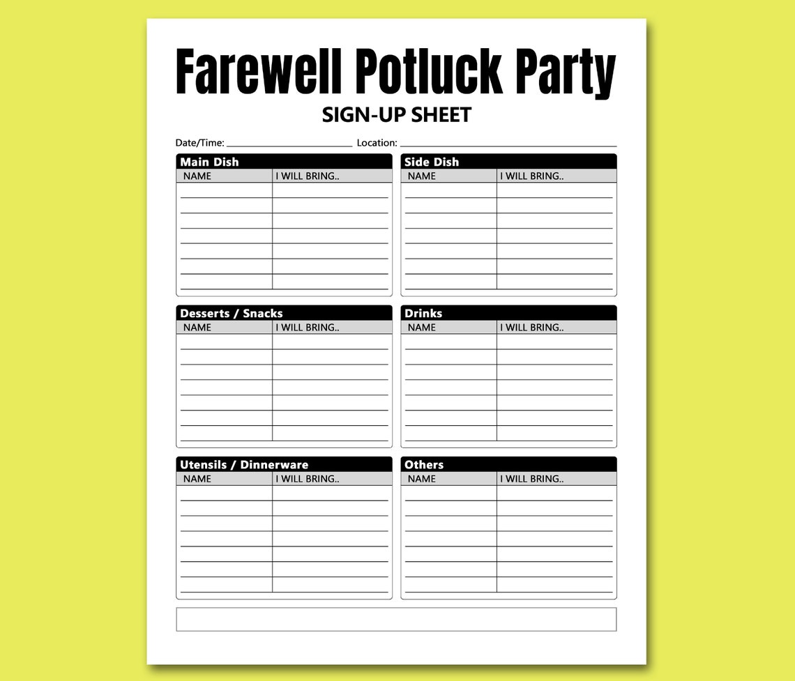 Farewell Potluck Party Sign up Sheet PRINTABLE, Party Signup Form Lunch ...