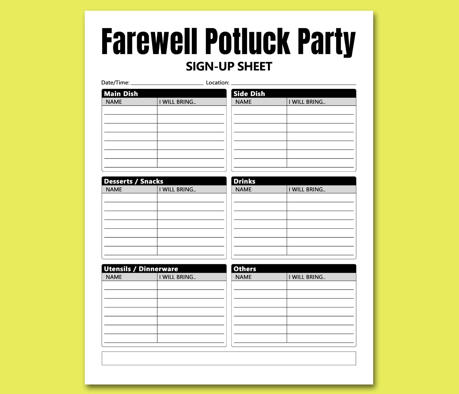 Farewell Potluck Party Sign up Sheet PRINTABLE, Party Signup Form Lunch ...