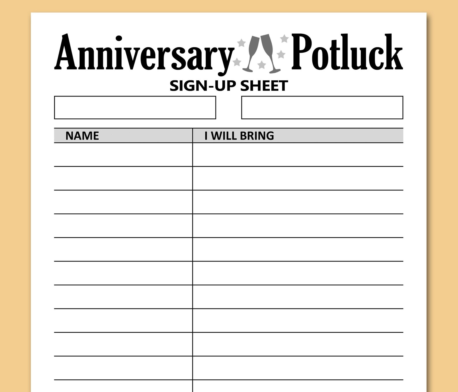 Anniversary Potluck Sign up Form PRINTABLE Signup Sheet - Etsy