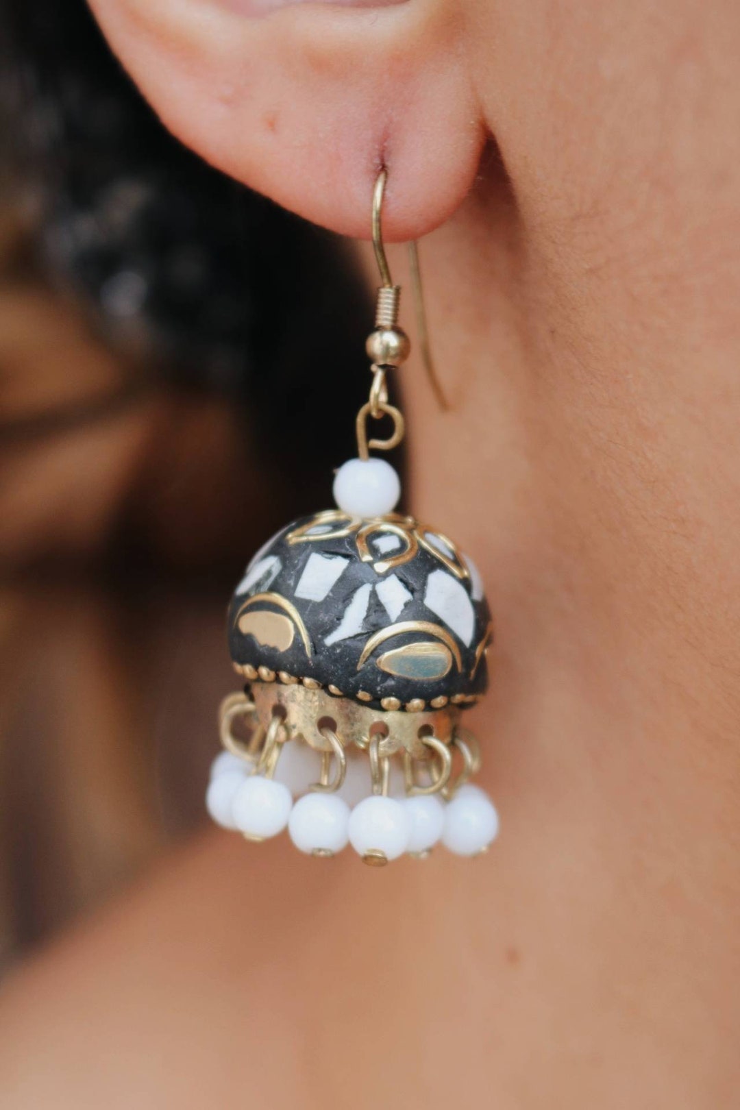White Mosaic Cut Jhumkay Earrings With Gold Accents & Hanging Bead ...