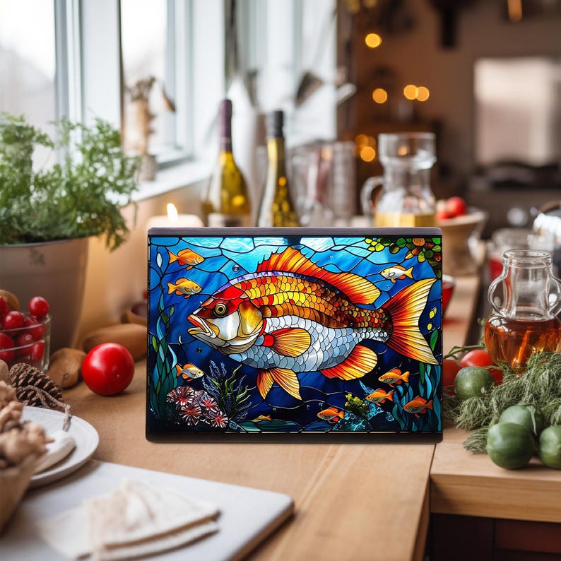 Decorative Fish Glass Cutting Board - Stained Glass Look - Ocean ...
