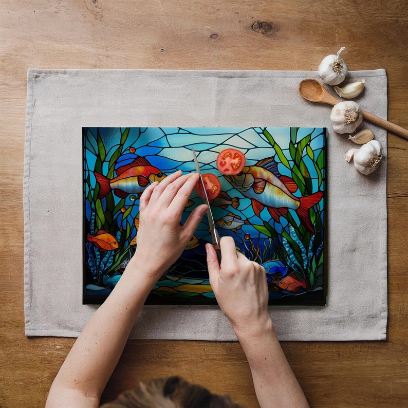 Decorative Fish Glass Cutting Board - Stained Glass Look - Housewarming ...