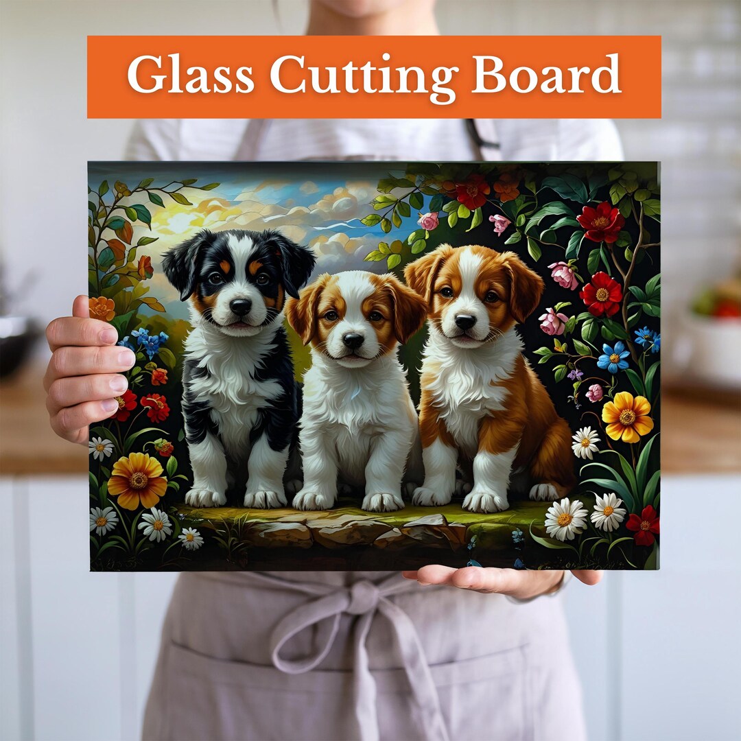 Three Adorable Puppies Glass Cutting Board - Floral Dog Art ...