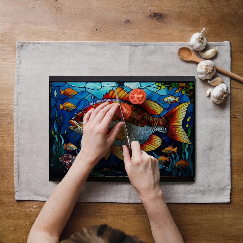 Decorative Fish Glass Cutting Board - Stained Glass Look - Ocean ...