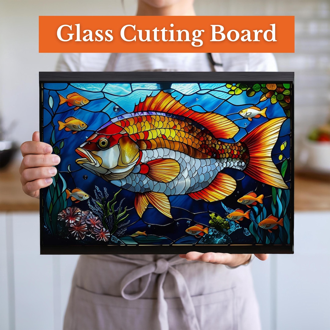 Decorative Fish Glass Cutting Board - Stained Glass Look - Ocean ...