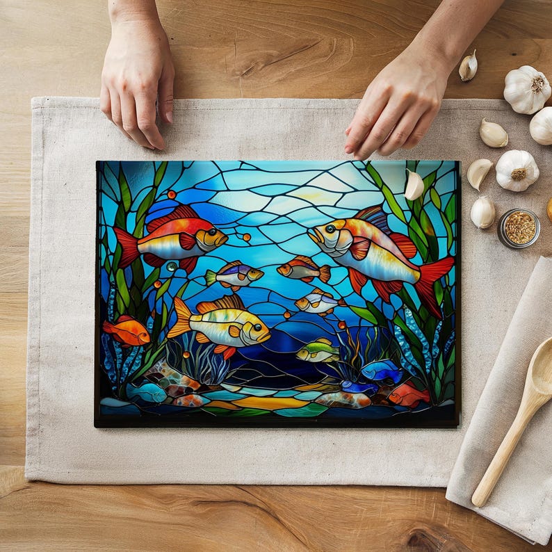 Decorative Fish Glass Cutting Board - Stained Glass Look - Housewarming ...