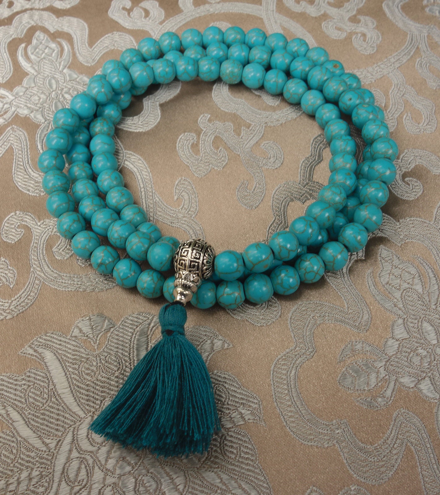Mala Prayer Beads Made of Real Turquoise + Silver Guru Bead From NEPAL ...