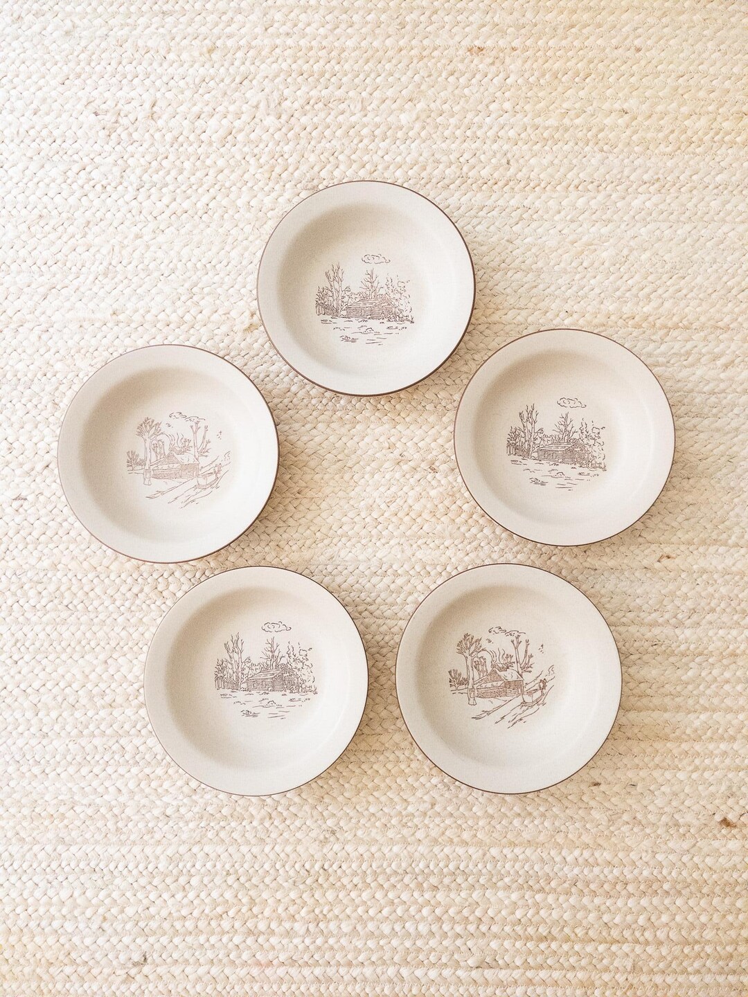 Vintage Cabin Scene Bowls: 1950s Transferware Rustic Kitchen Decor, Set ...
