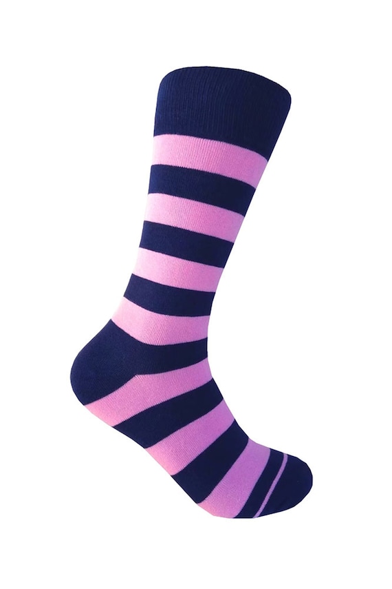 Men s Navy Blue with Pink Stripes Fashion Mid calf Dress Socks
