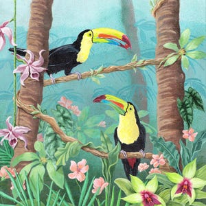 Toucan Print of Jungle Scene-lots of Flowers- Colorful Wall Decor of ...