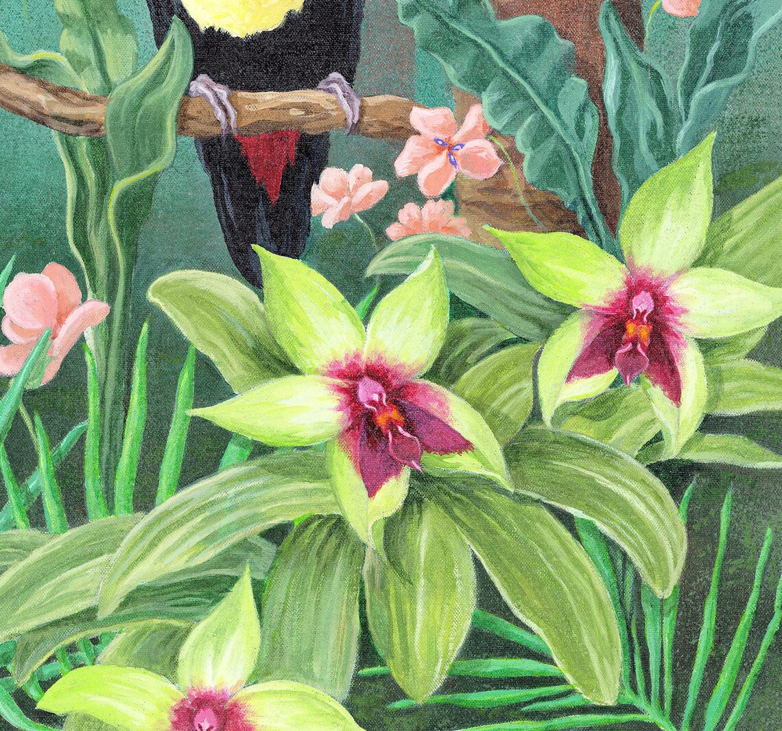 Toucan Print of Jungle Scene-lots of Flowers- Colorful Wall Decor of ...