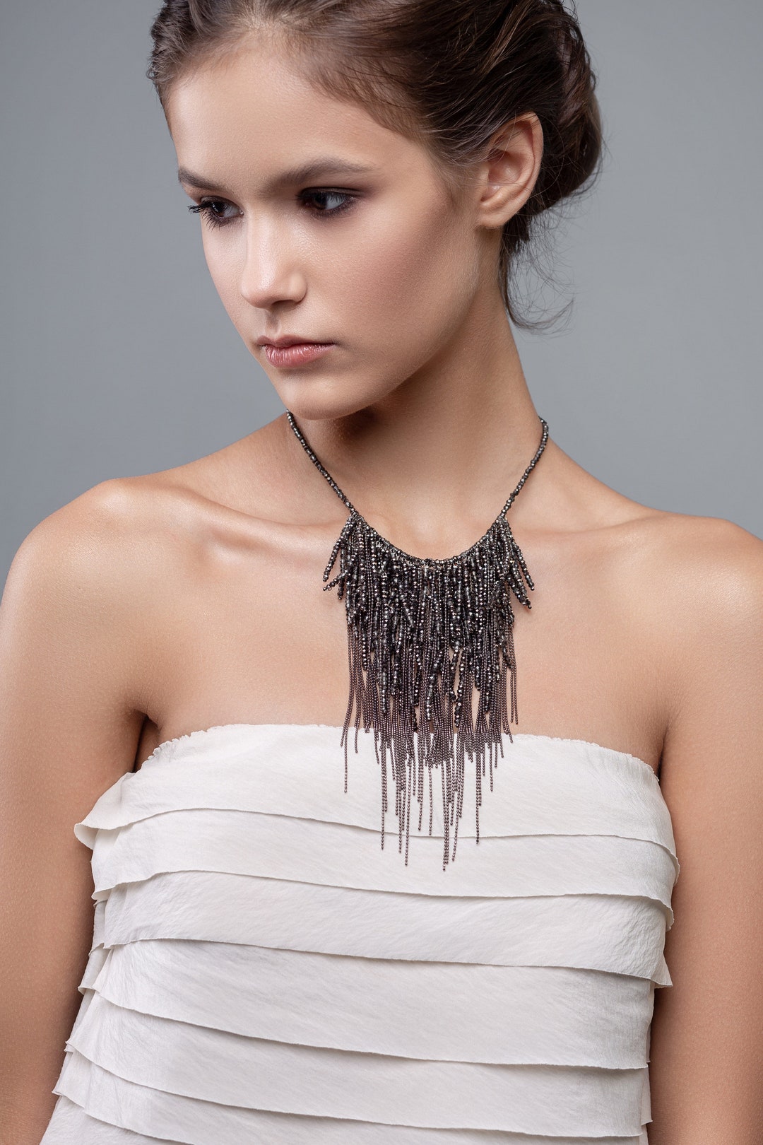 Graphite Color Necklace. Crystal Necklace. Beaded Necklace. Monili ...