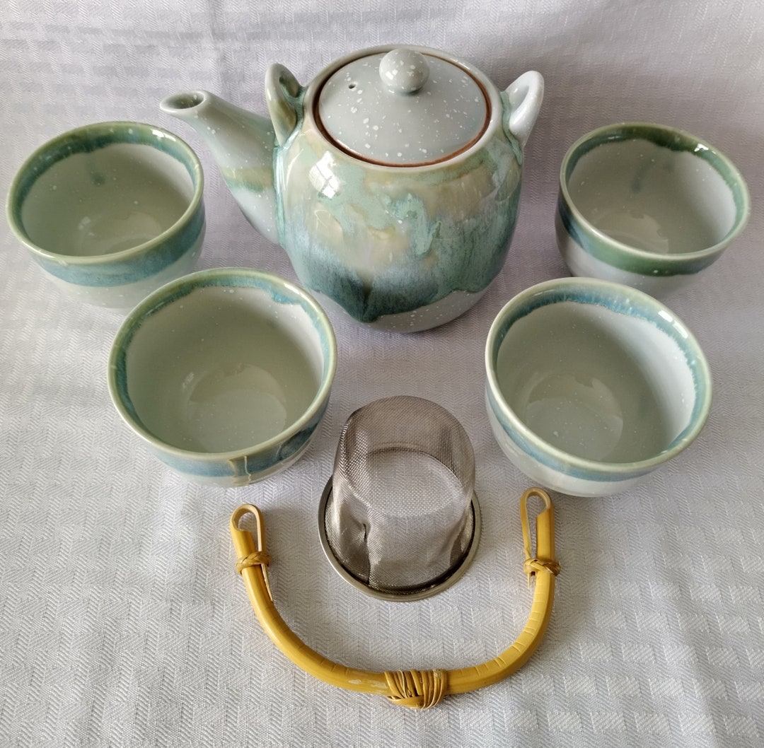 Teavana Yuki Green Tea Set Teapot Strainer 4 Teacups Stoneware Japan W ...