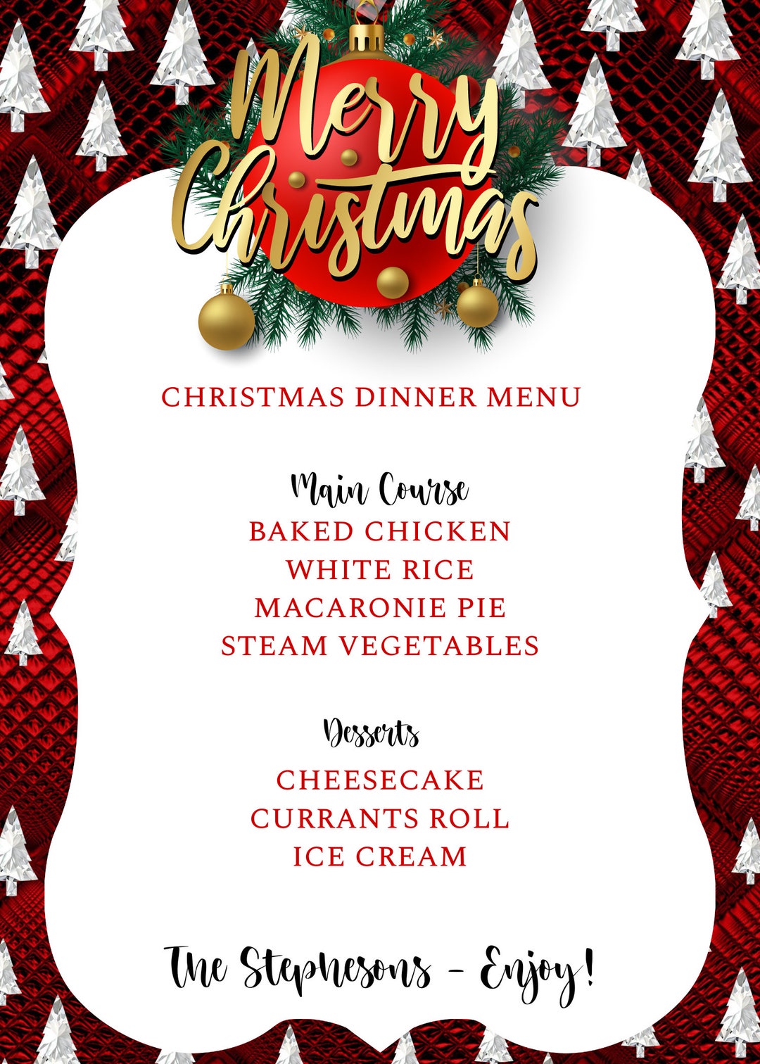 Christmas Menu Template PRINT AT HOME Holiday Winter Menu Holiday Menu ...