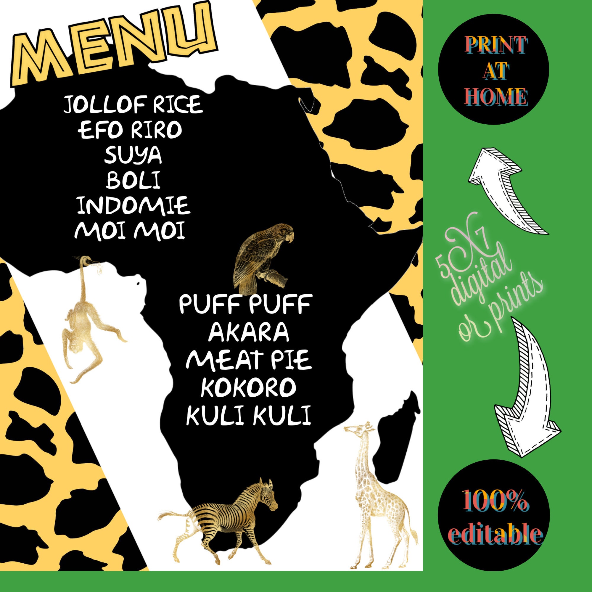 Event Menu | Modern Menu | African Theme Party Menu | PRINT AT HOME ...