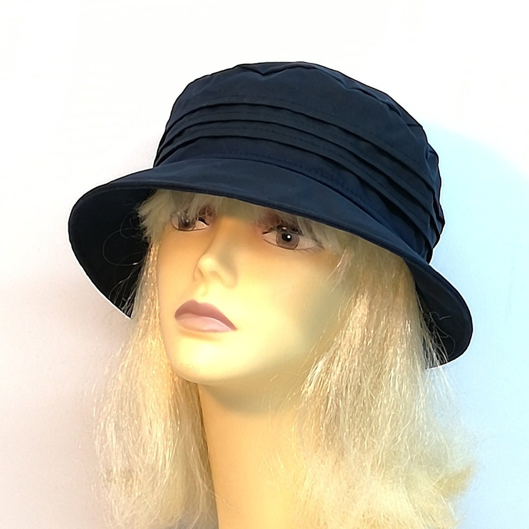 Navy Narrow Brim Rain Hat, Martha Pleated Waterproof Hat, Wax Cotton ...