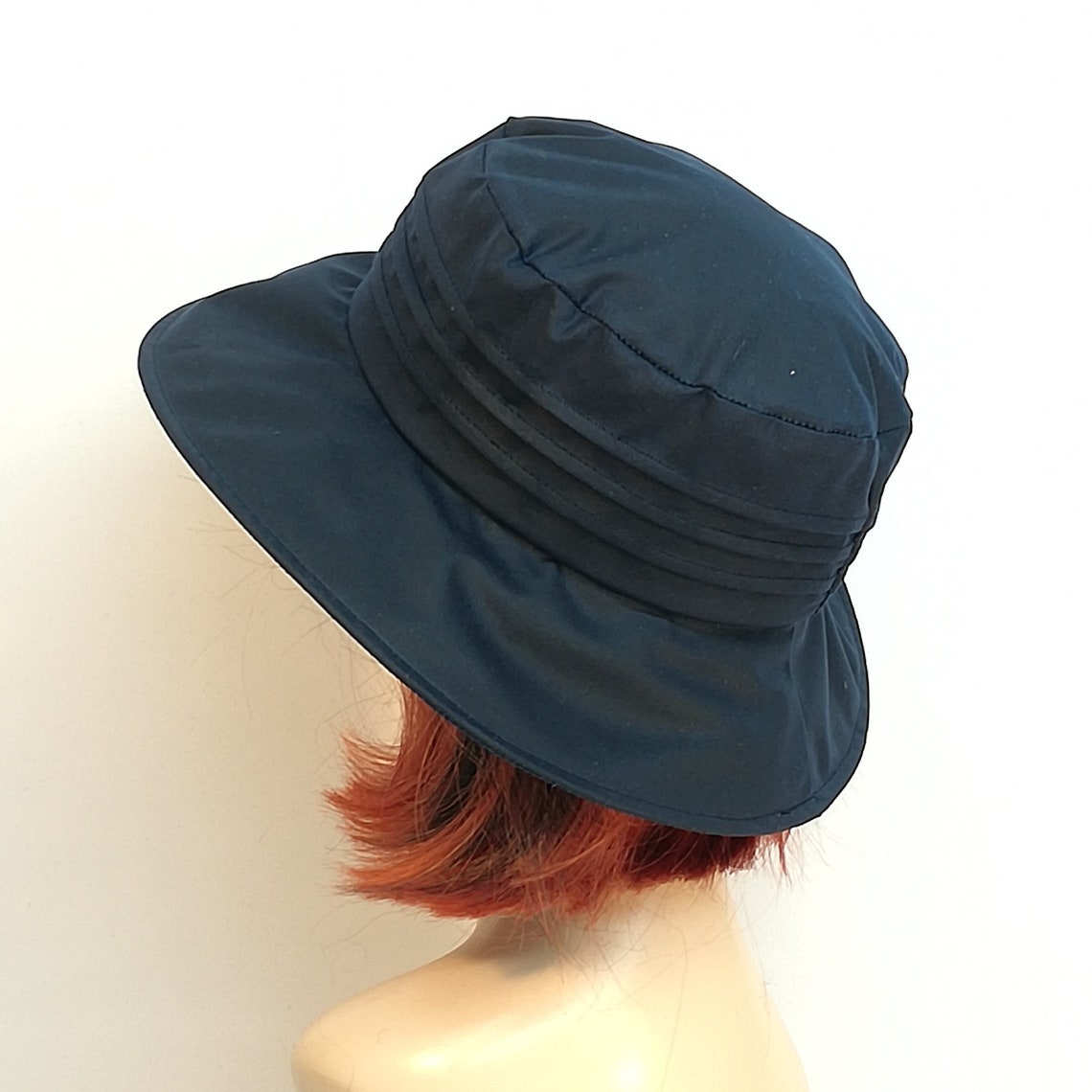 Navy Wide Brimmed Martha Rain Hat With Pleated Waterproof - Etsy