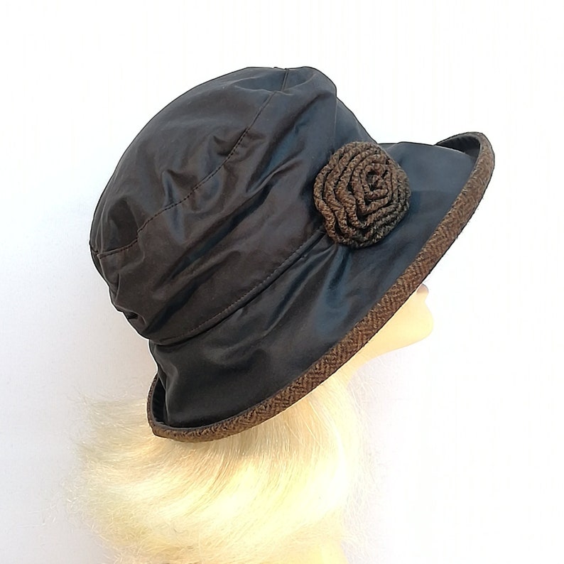 Brown Tweed Rain Hat: Waxed Cotton Waterproof Cloche With Rose ...