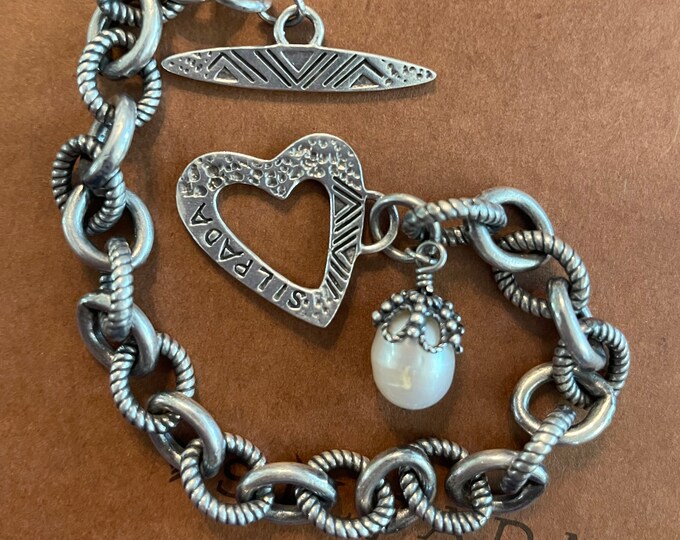 Silpada Pearl Charm Heart Shape Toggle Sterling Silver Link Bracelet ...