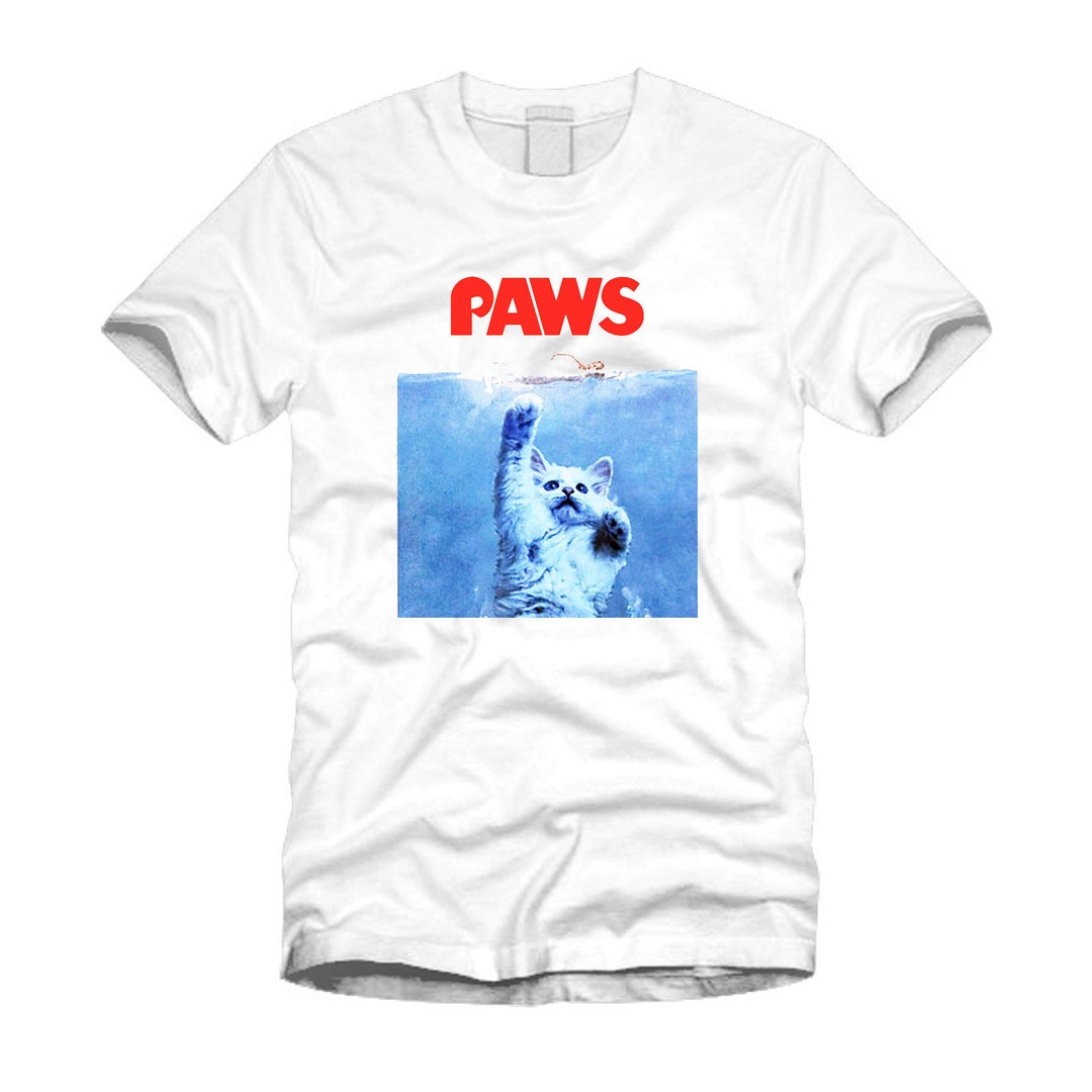 Paws - Jaws Funny Kitty Jaws Mashup Cat Shirt 1970 's Parody Cool White ...