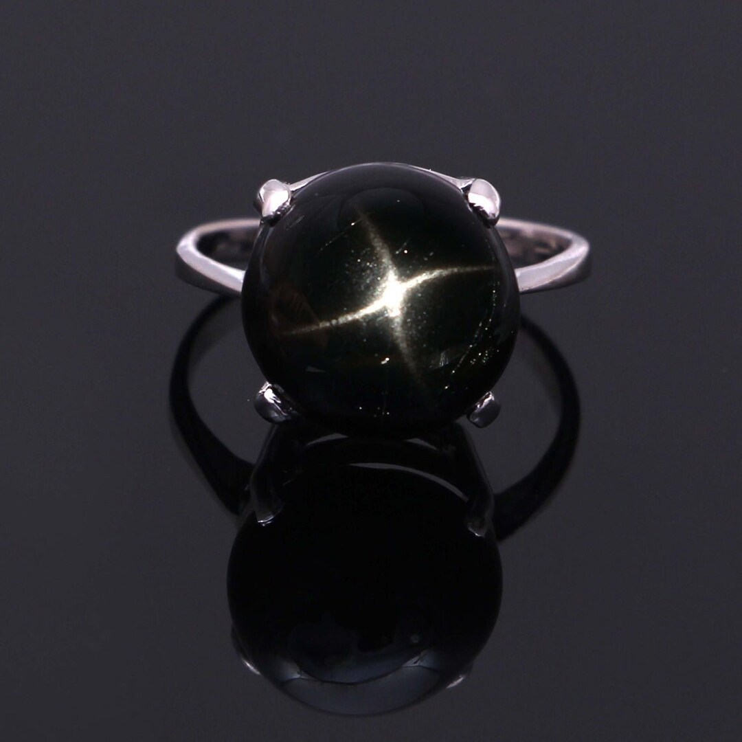 Black Star Sapphire Ring Round Black Star Big Diopside Ring Boho ...