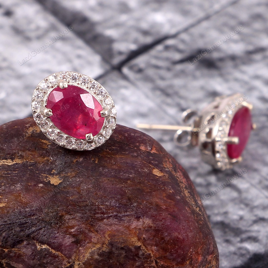 Oval Natural Ruby Stud Earrings Handmade Earrings - Etsy