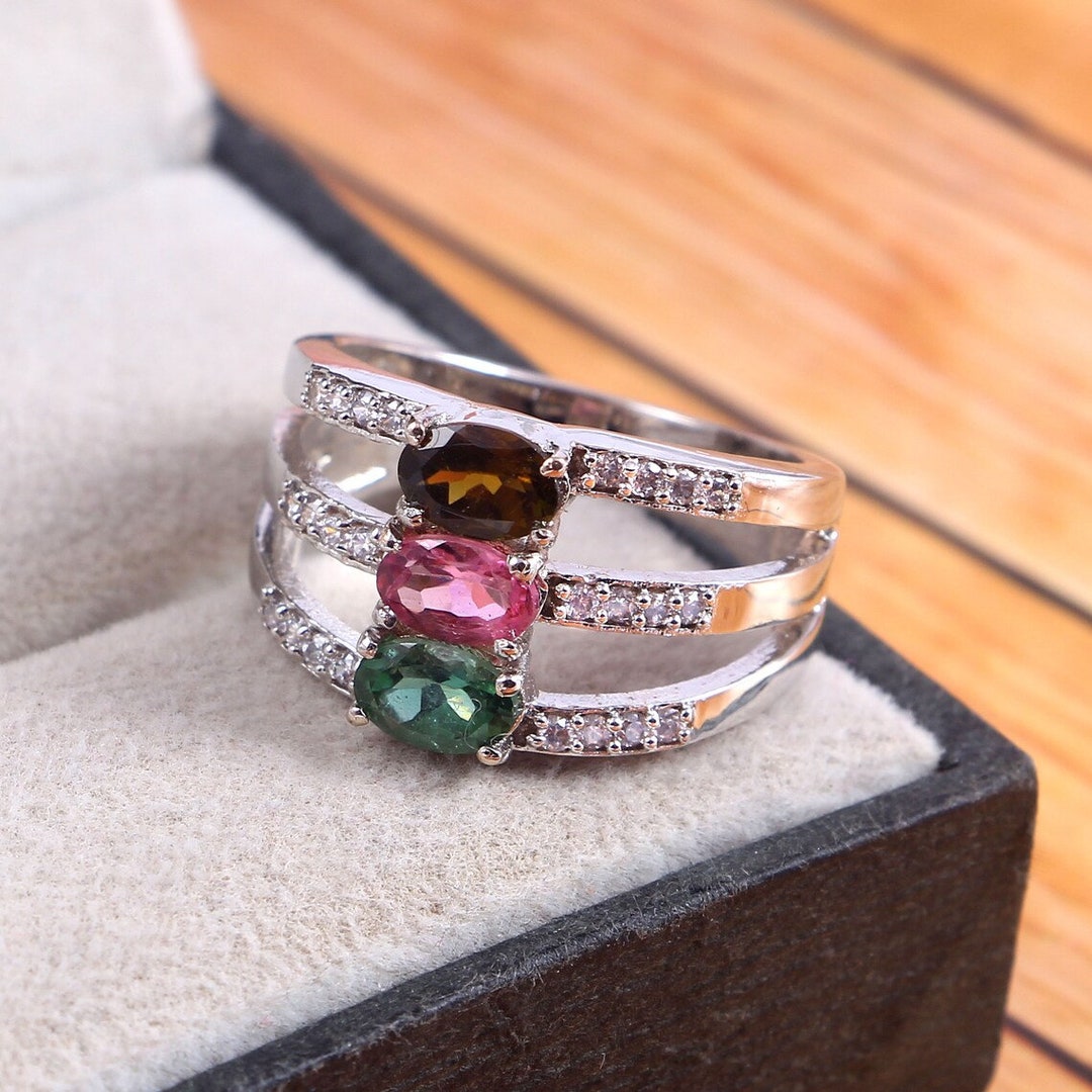 Tourmaline Ring Three Stone Ring Statement Ring Cocktail Ring Multi ...