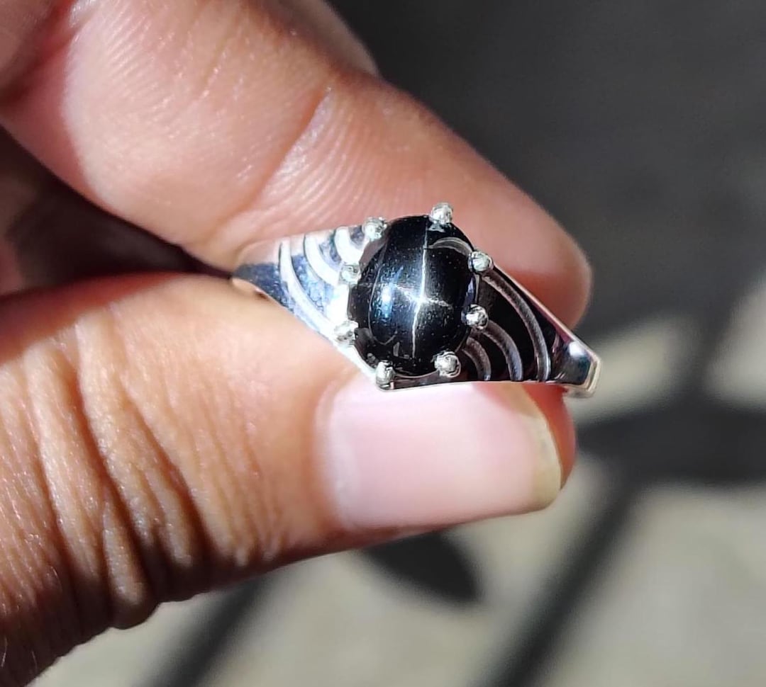 Natural Black Star Sapphire Ring Solid 925 Sterling Silver Signet Ring Black Star Sapphire Rings ...