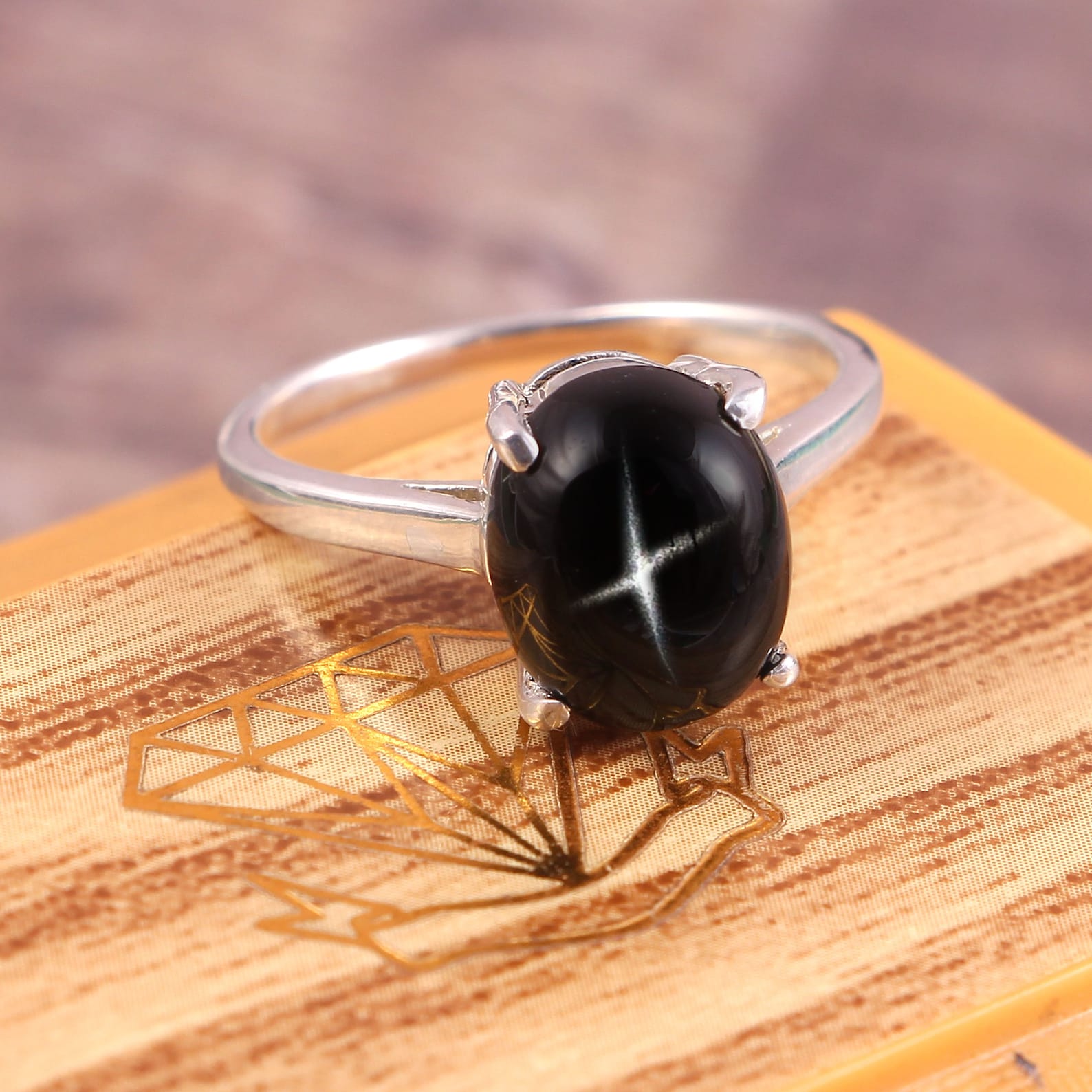 Black Star Sapphire Ring, Art Deco Ring, Statement Ring, Vintage Style ...