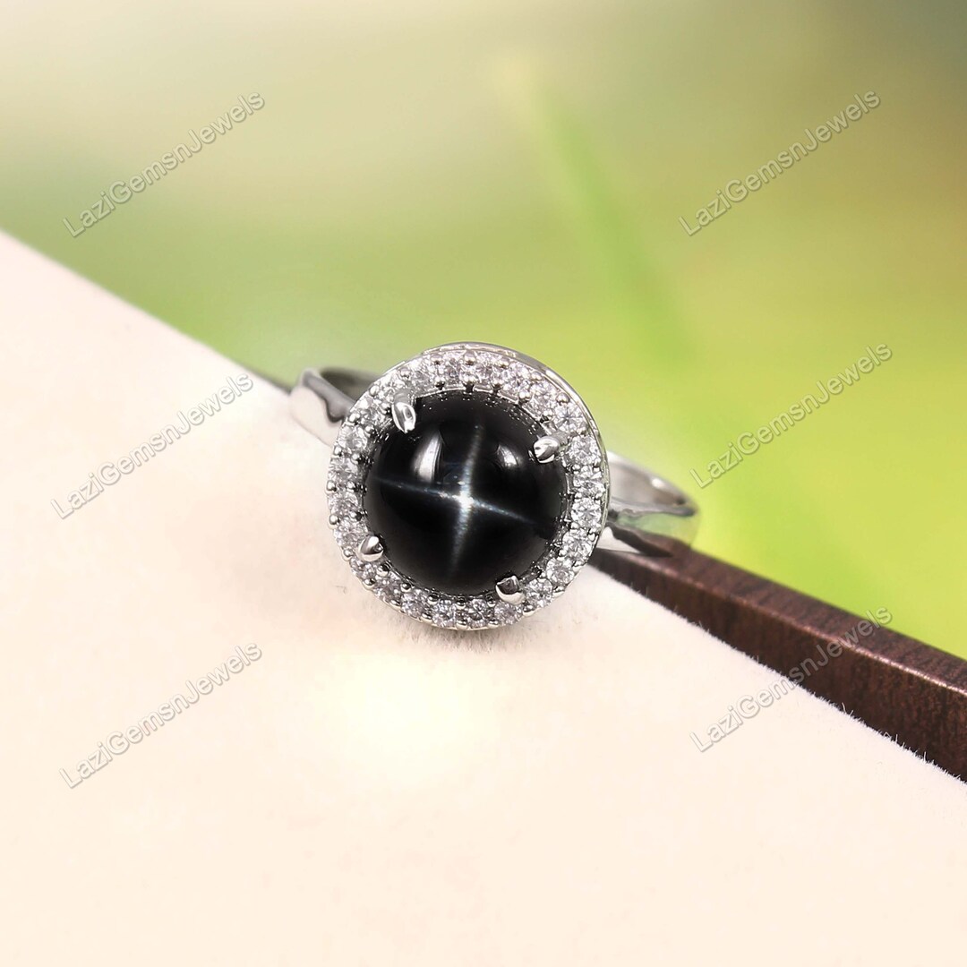 Natural Black Star Sapphire Ring, Statement Ring, Solid 925 Sterling Silver, Round Black Star ...