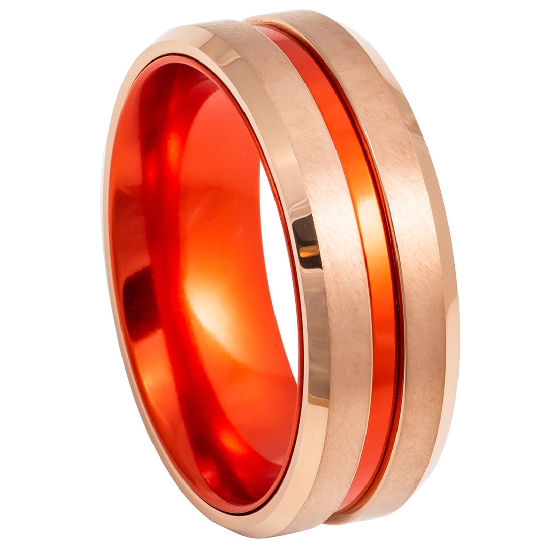 Anillo de tungsteno oro rosa / negro chapado en iones centro ranurado w ...