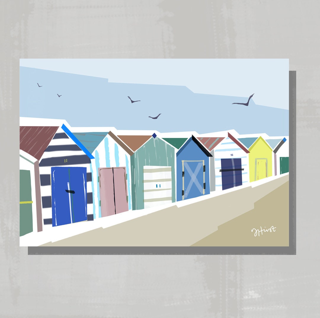 Beach Hut and Birds (blue) Framed - Etsy
