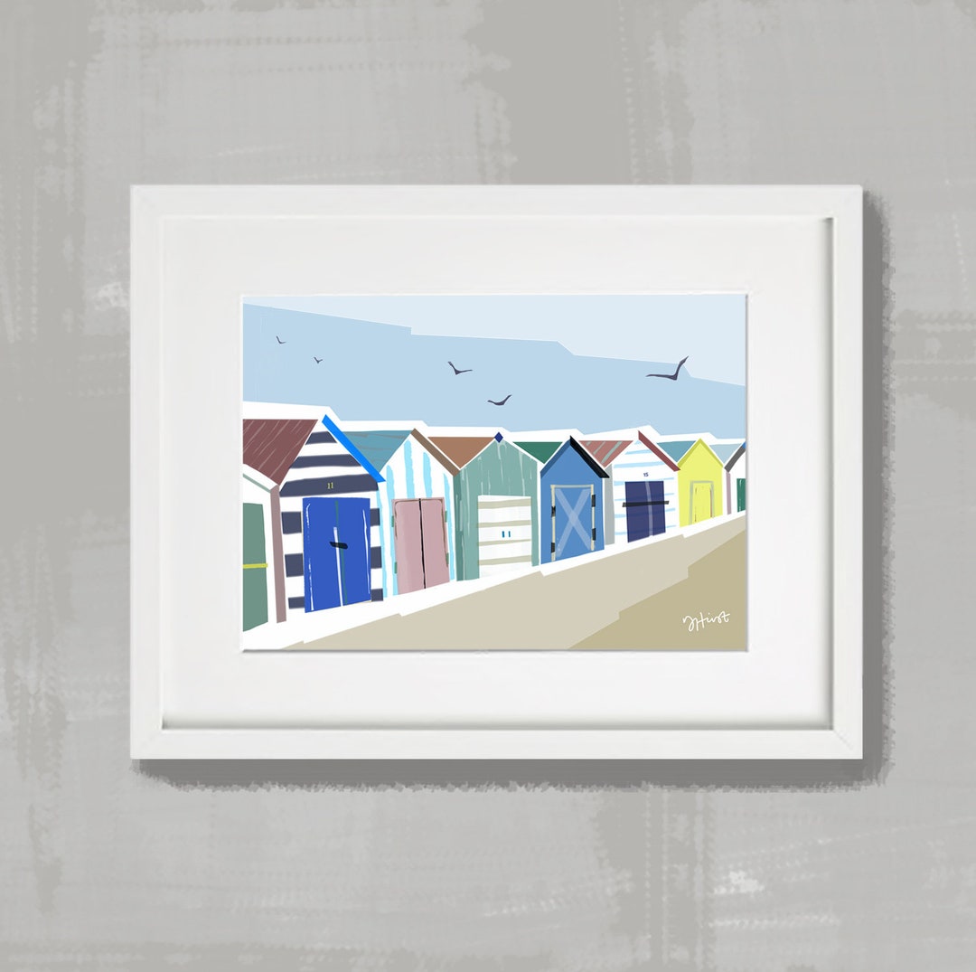 Beach Hut and Birds (blue) - Etsy