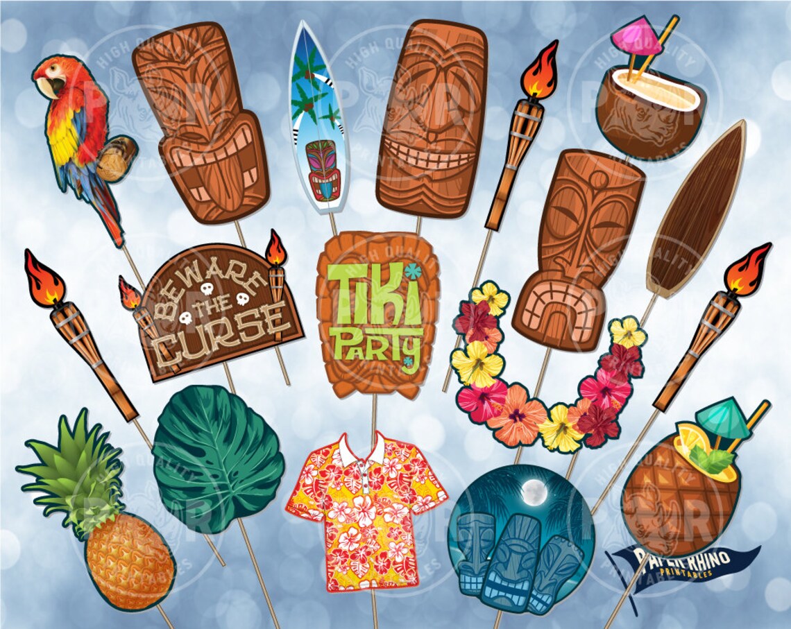 Tiki Photo Booth Party Props - Tropical Hawaiian Island Coconut Surfing ...