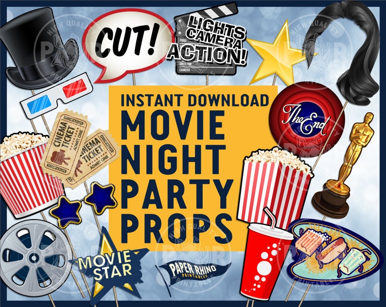 Movie Night Photo Booth Party Props Decoration Decor Popcorn Academy ...