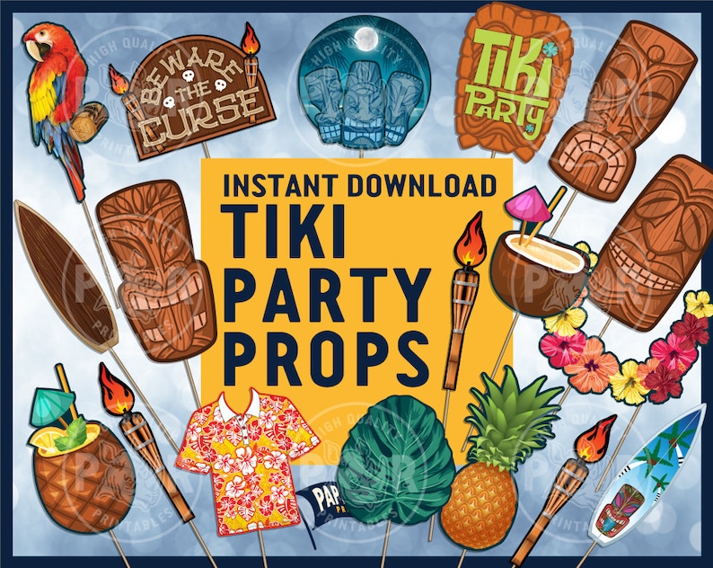 Tiki Photo Booth Party Props Tropical Hawaiian Island Coconut Surfing ...