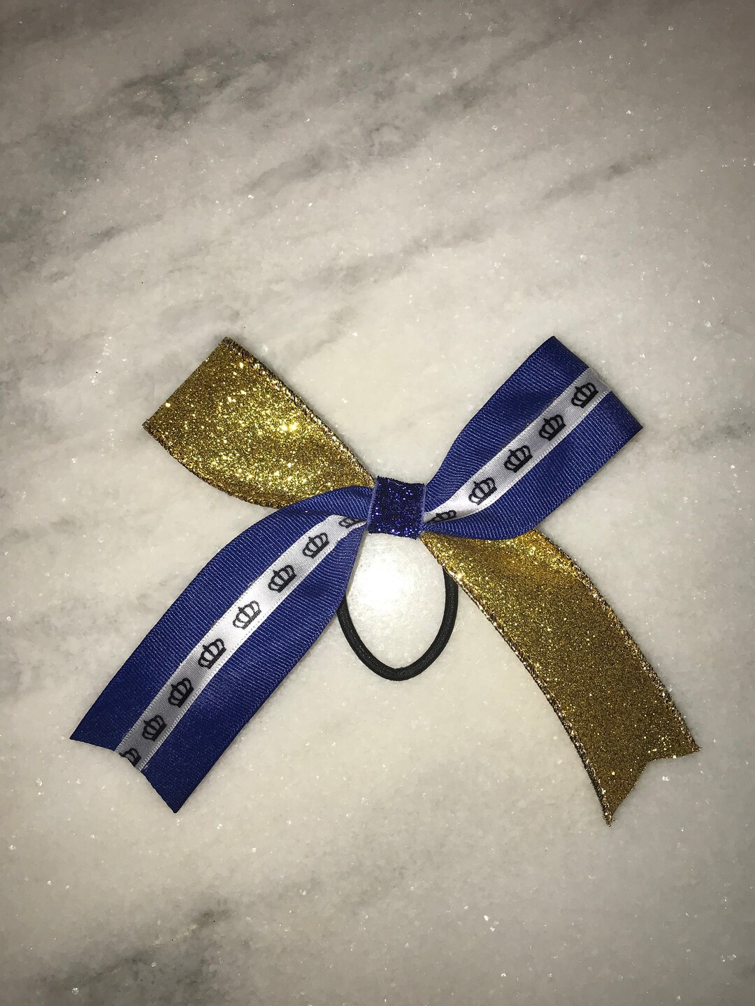 Large Blue & Gold Glitter Royal Crown Bow, Elastic Hair Tie, Kansas ...