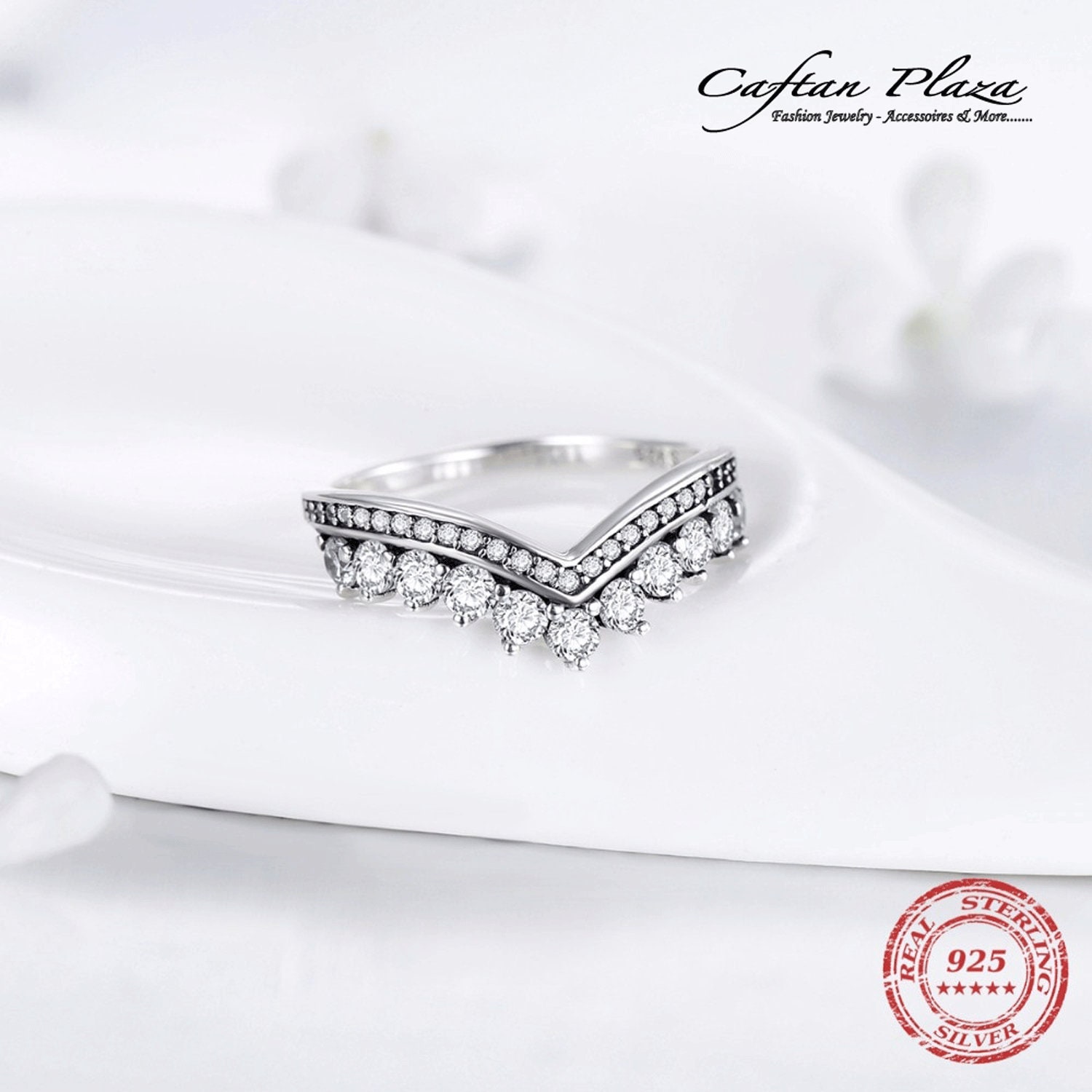 Princess Wishbone Ring 925 Plata con Zirconia Cúbica Fina Aaa - Etsy España