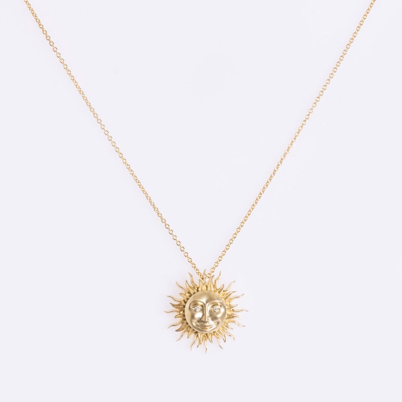 NECKLACSE SUN SHAPE in Yellow Gold 18 Karat Withe White Diamond 0.02 Ct ...