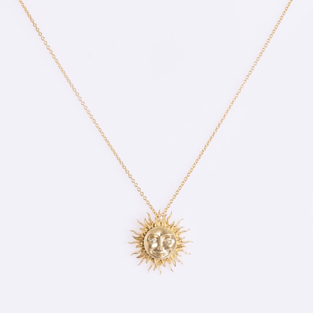 NECKLACSE SUN SHAPE in Yellow Gold 18 Karat Withe White Diamond 0.02 Ct ...