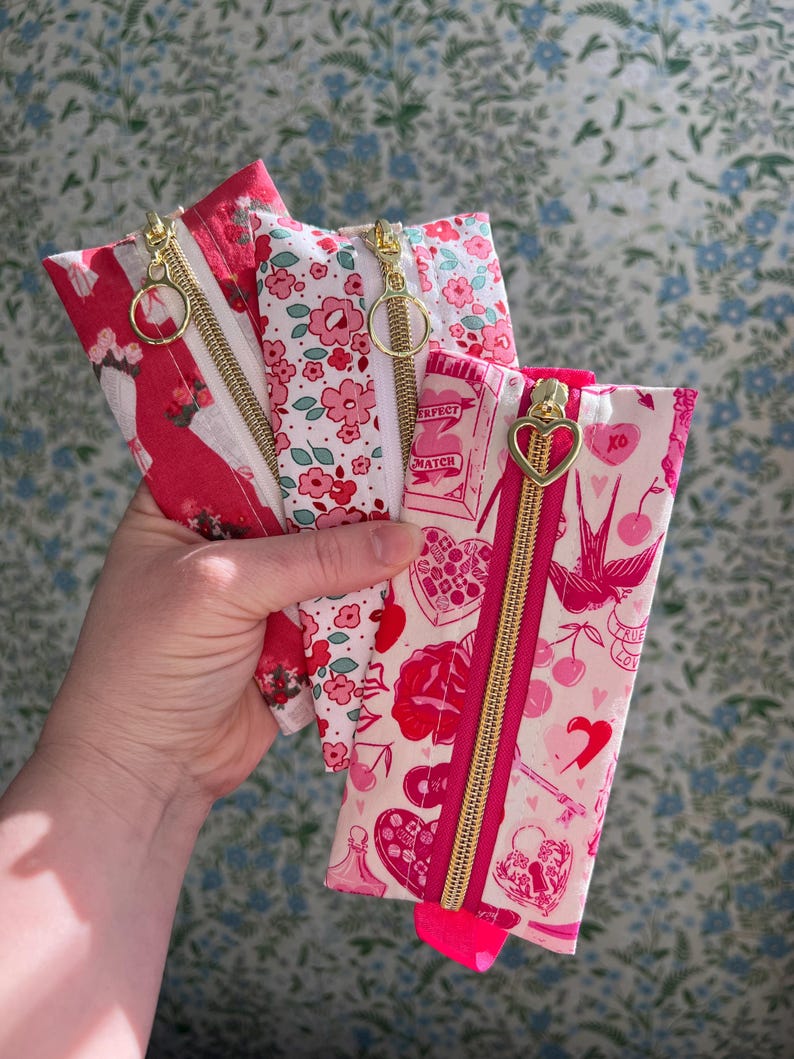 Handmade Bookmark Pencil Case – Slim Zipper Pouch – Valentine & Floral ...