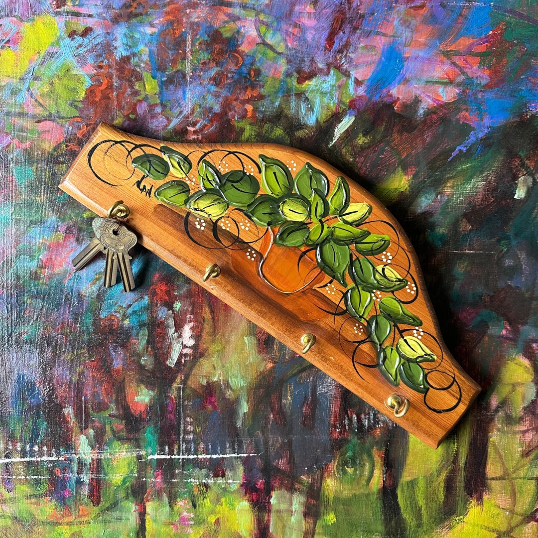 Wood Hook Rack W/ Hand Painted Potted Plant Vintage Key Rack / Hook ...