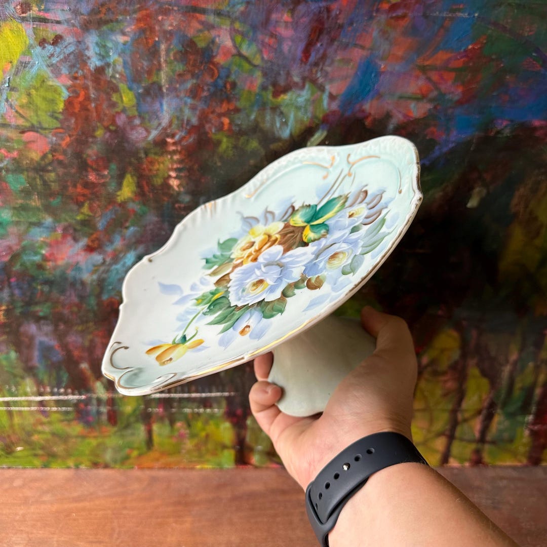 Ceramic Floral Painted Cake Stand Vintage Blue & Yellow Roses 8.25 ...