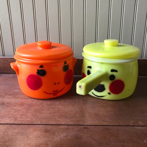 Vintage Set of 2 Tanda Toys Plastic Pots With Faces Orange - Etsy
