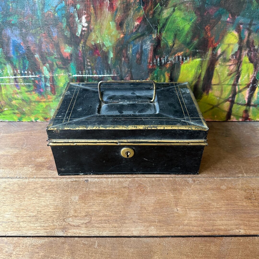 Black Tin Cash Box With Gold Details Vintage Toleware - Etsy