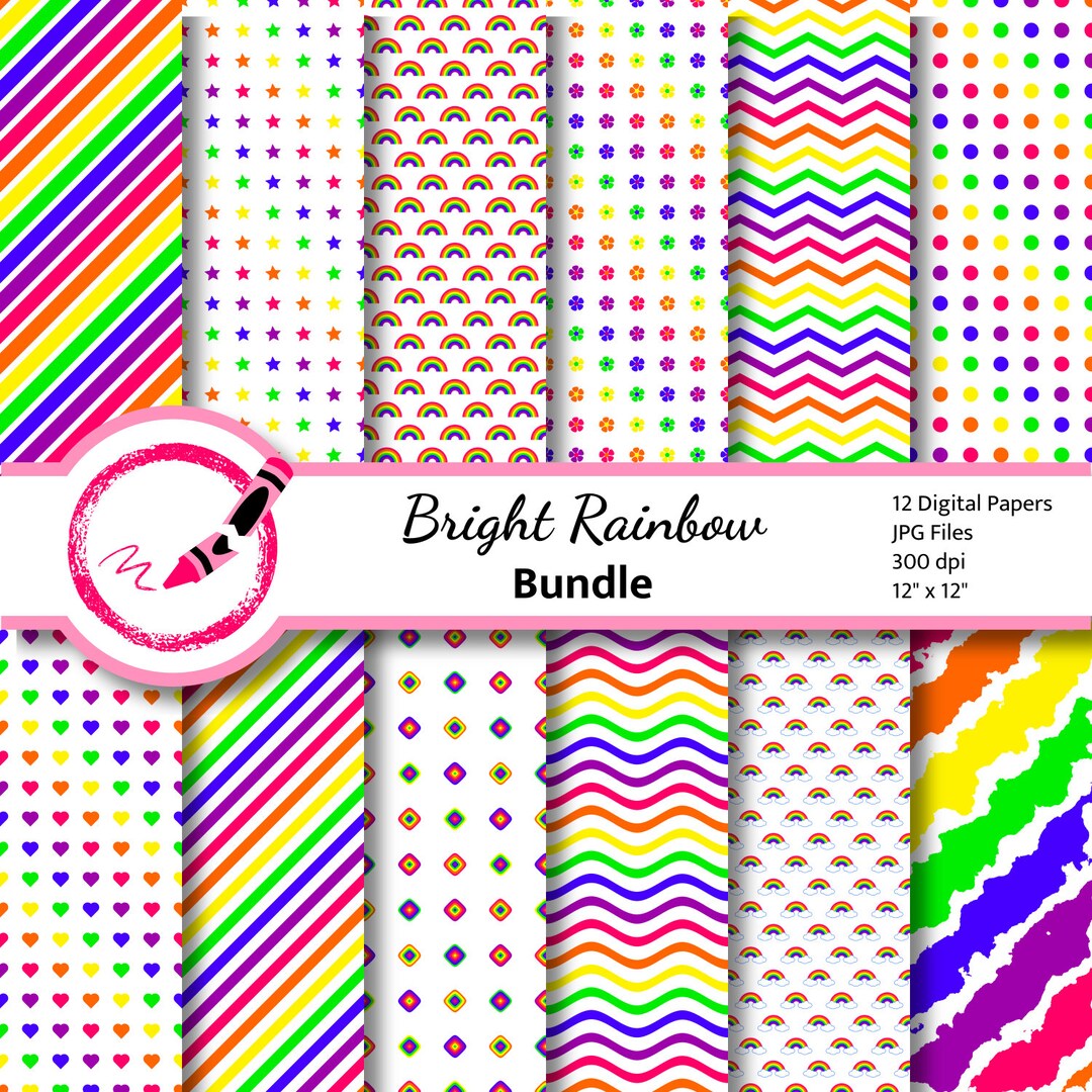 Bright Rainbow Digital Paper, Rainbow Scrapbook Paper, Rainbow Digital ...