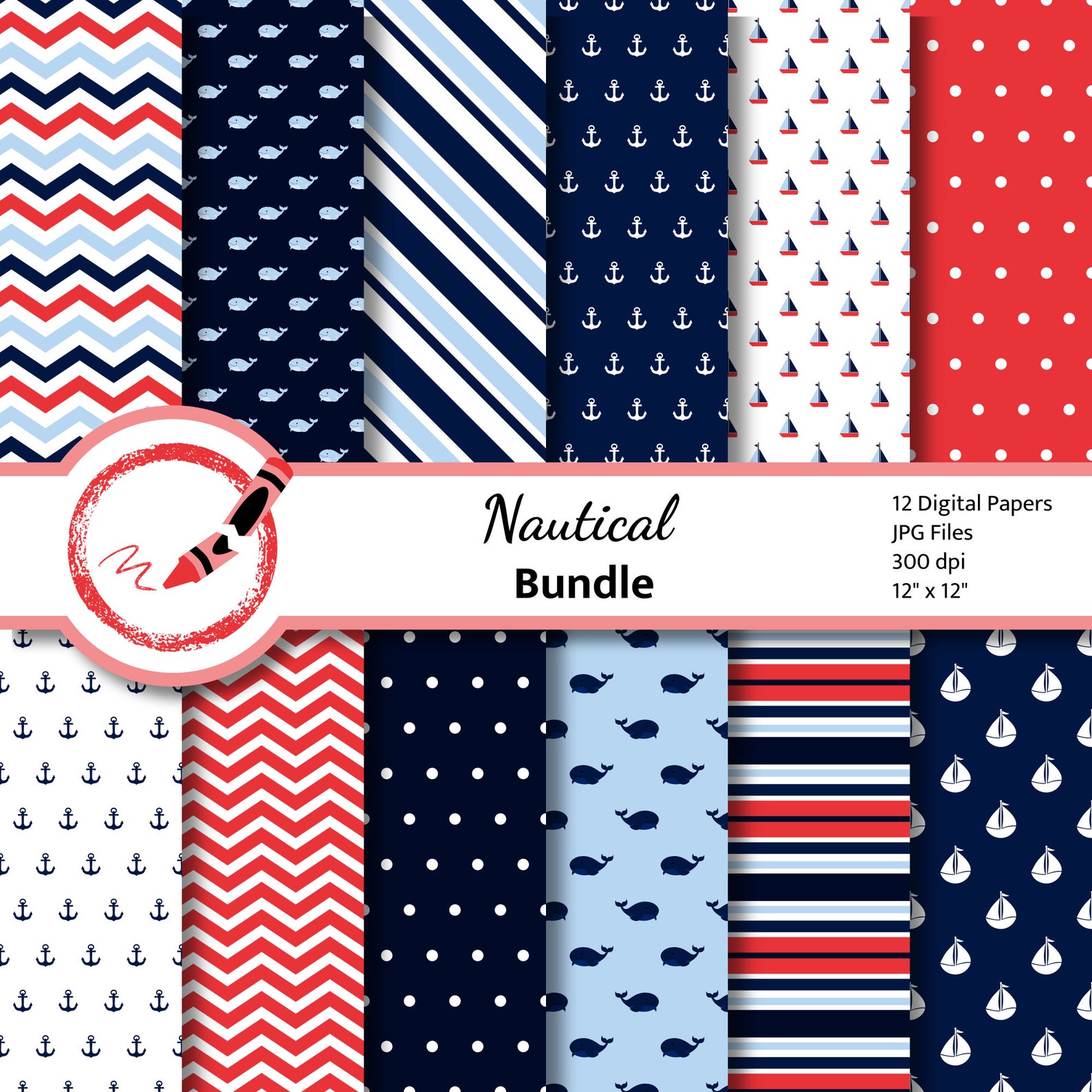 Nautical Digital Paper Commercial Use, Navy and Red Background, Sea ...
