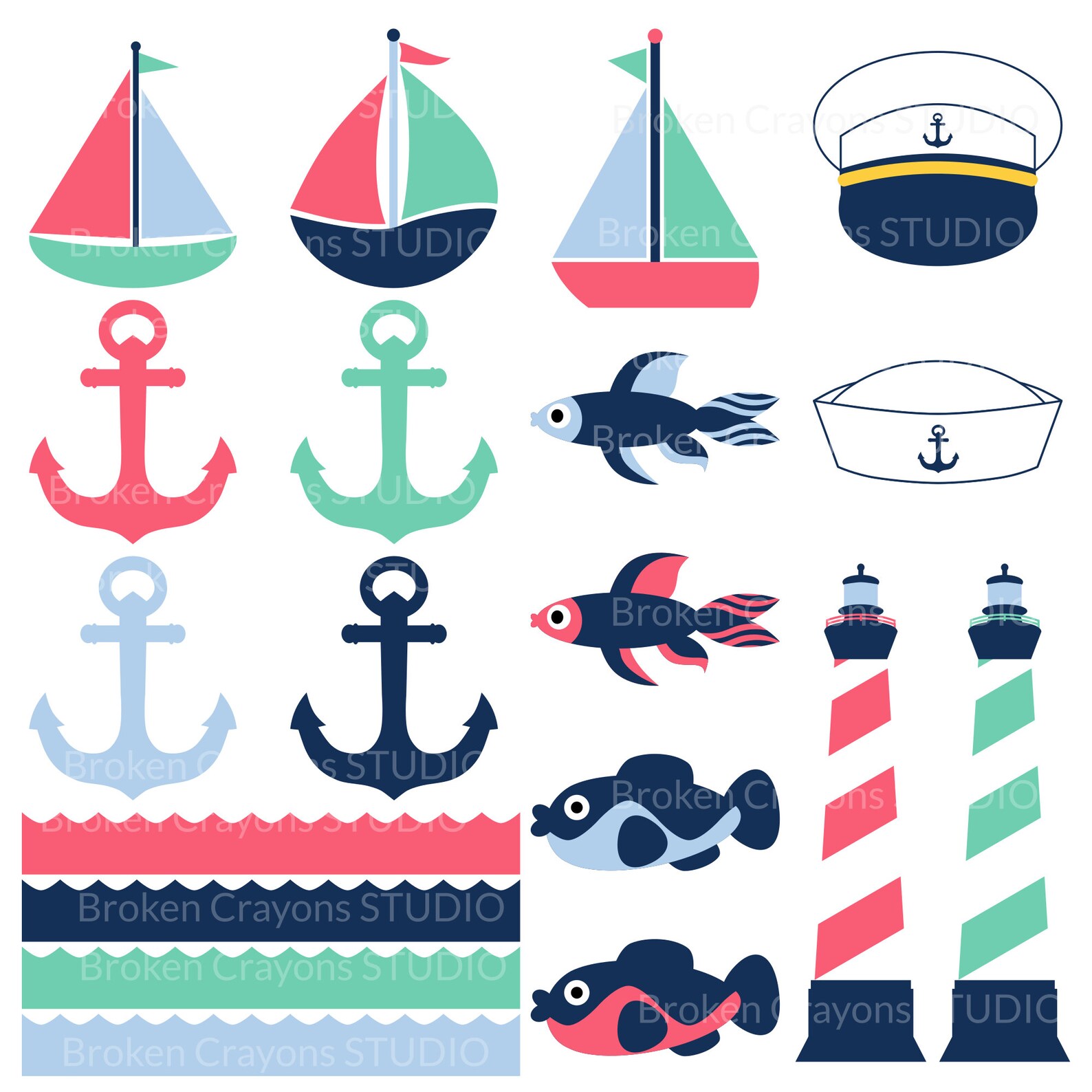 Nautical Clipart Set Commercial Use Sea Clipart Sailboat - Etsy