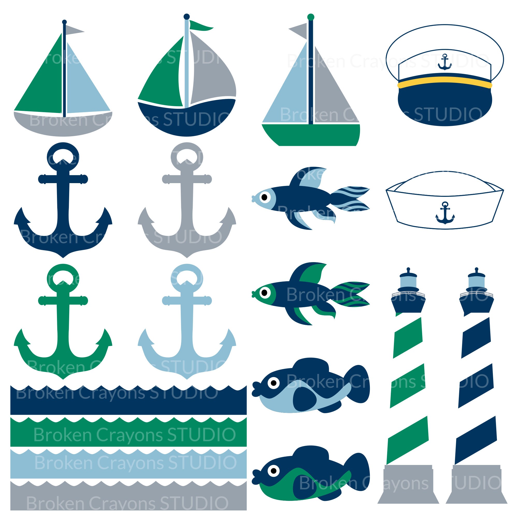 Nautical Clipart Set Commercial Use, Sea Clipart, Sailboat Clipart ...